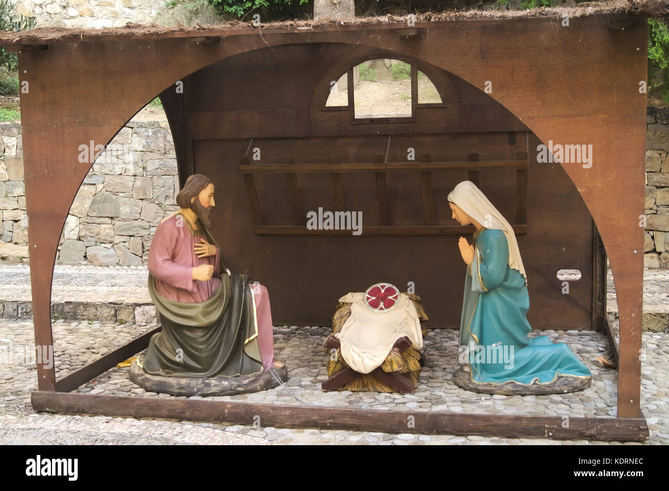 Nativity scene during an exposition of creches in the French village of ...