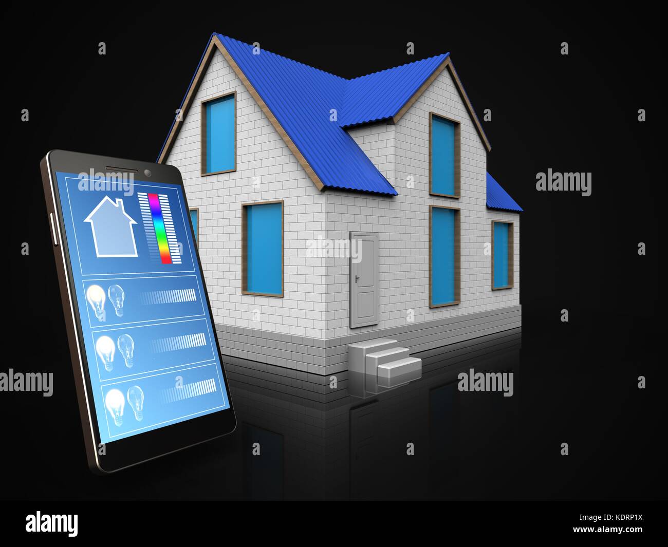3d illustration of home with phone application over black background ...