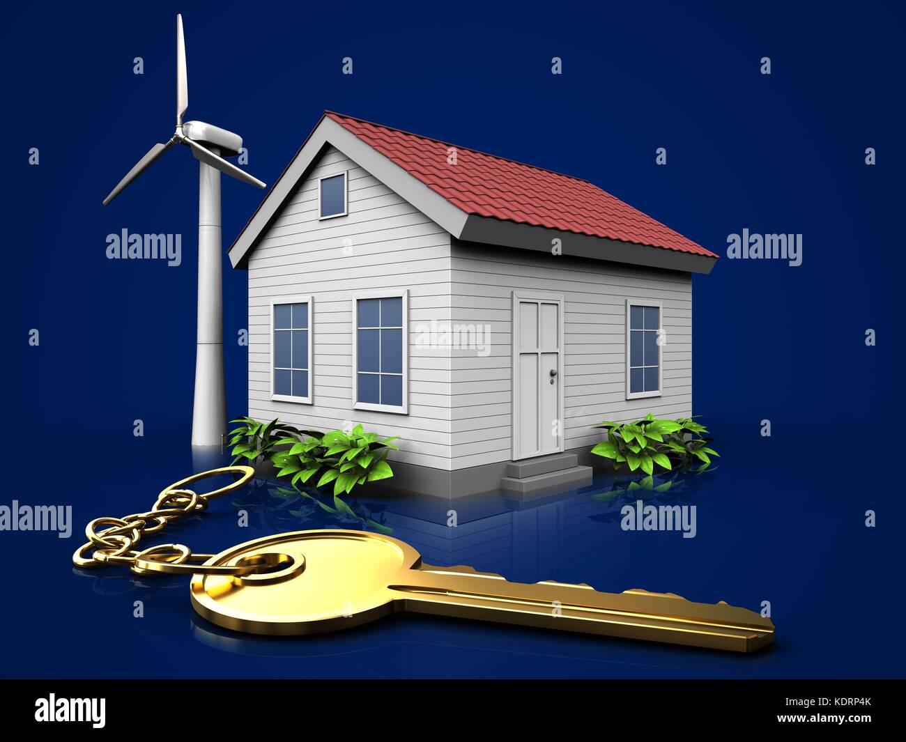 3d illustration of wind energy house with golden key over dark blue ...