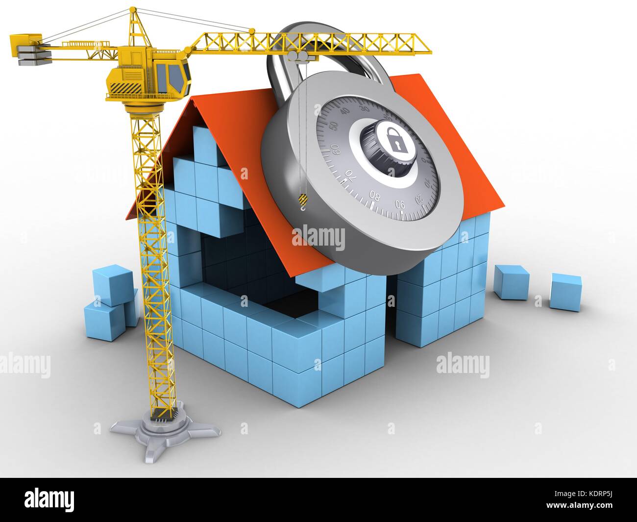 3d illustration of block house over white background with code lock and ...