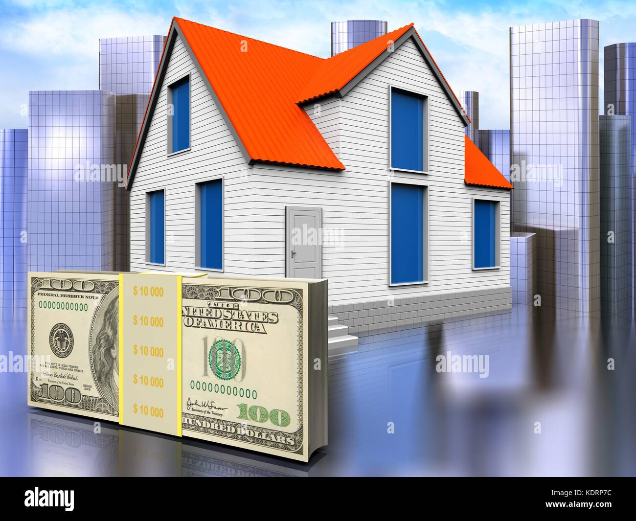 3d illustration of house with money over city background Stock Photo ...