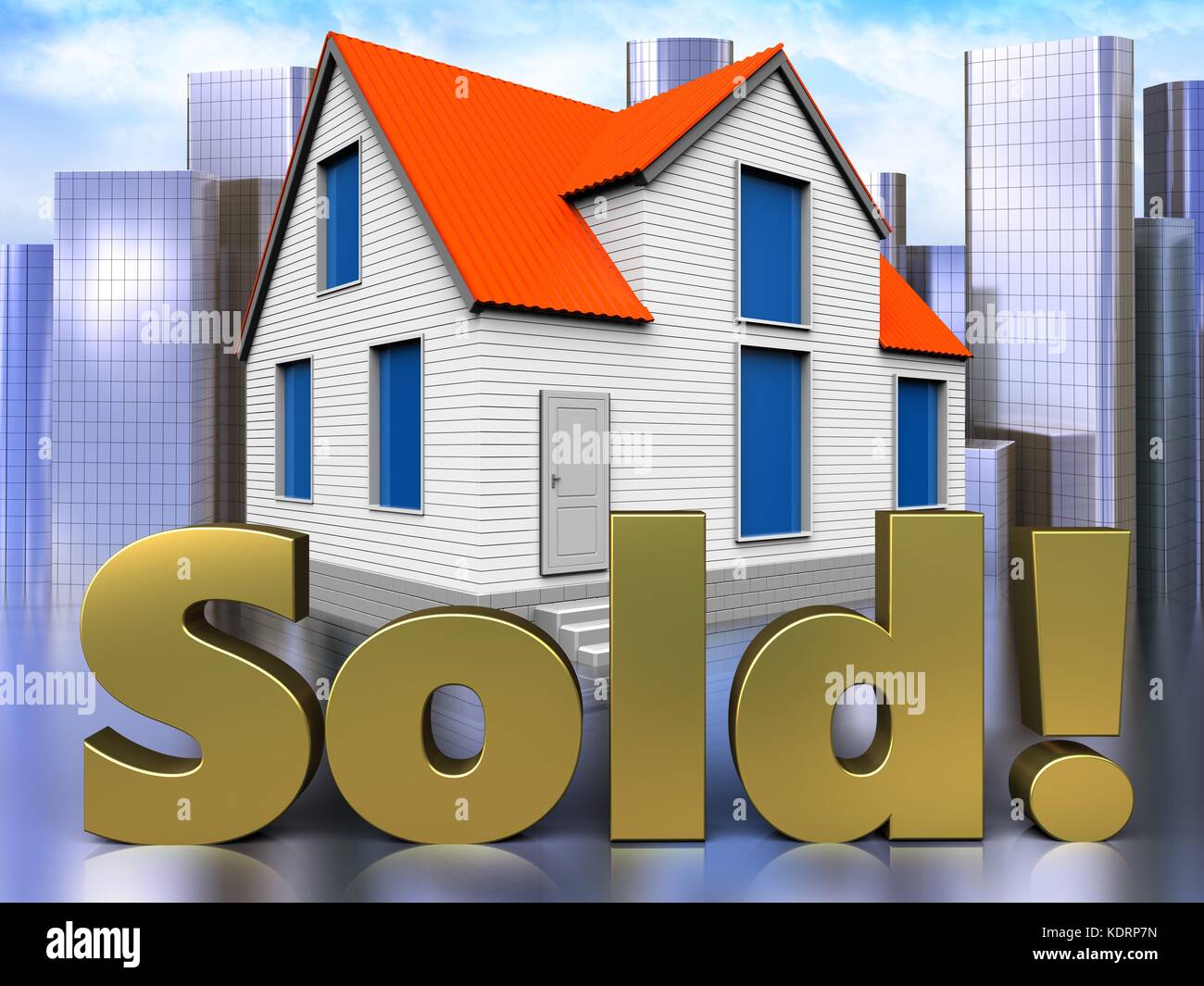 3d illustration of house with sold sign over city background Stock ...