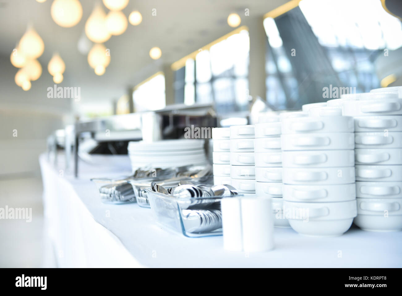 Empty catering plates, platters and trays setup before event Stock ...