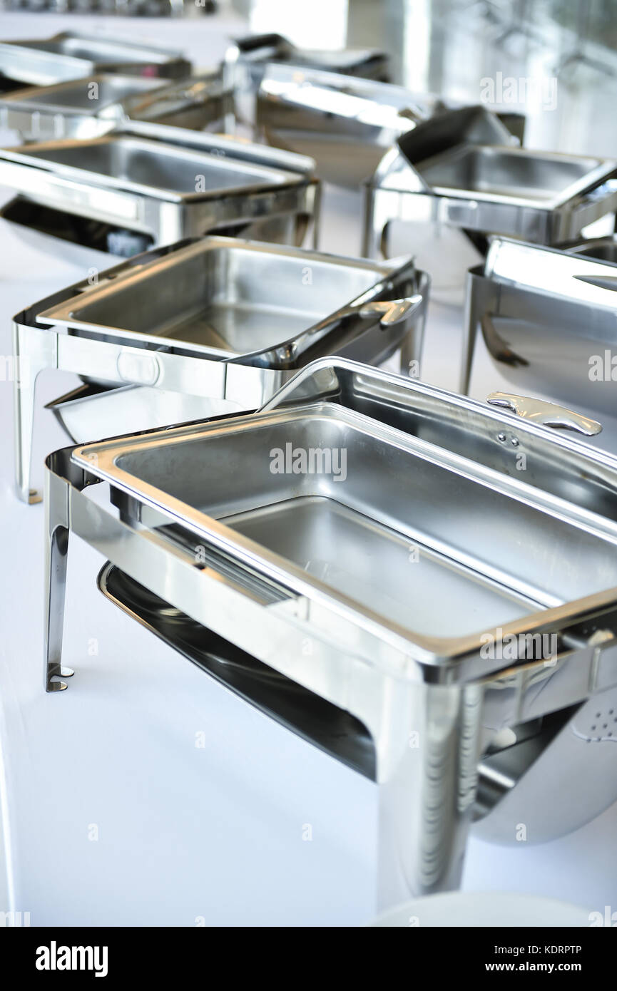 Empty catering plates, platters and trays setup before event Stock ...