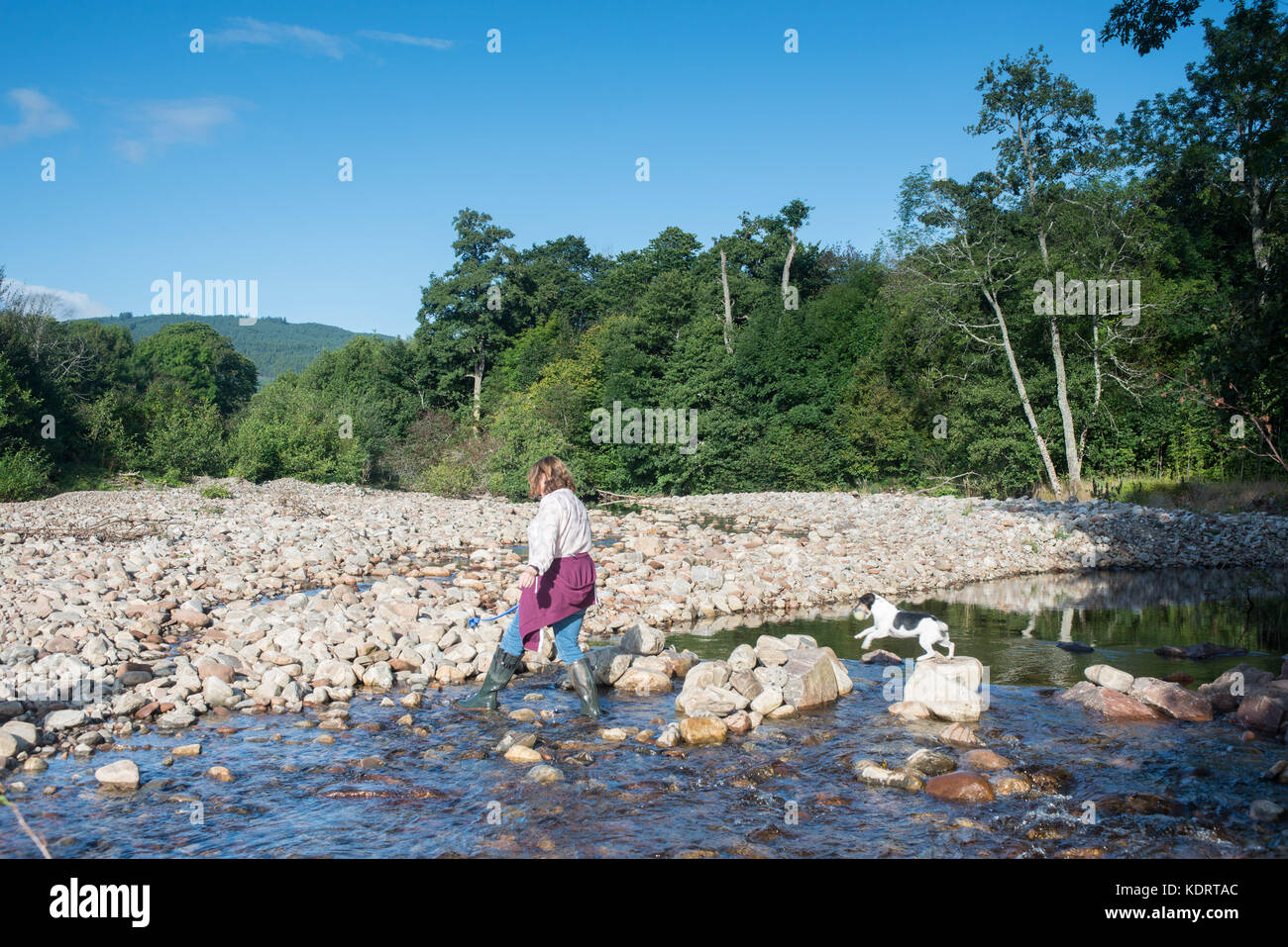 Woman and dog on stepping stones over the River Enrick in Urquhart Bay ...