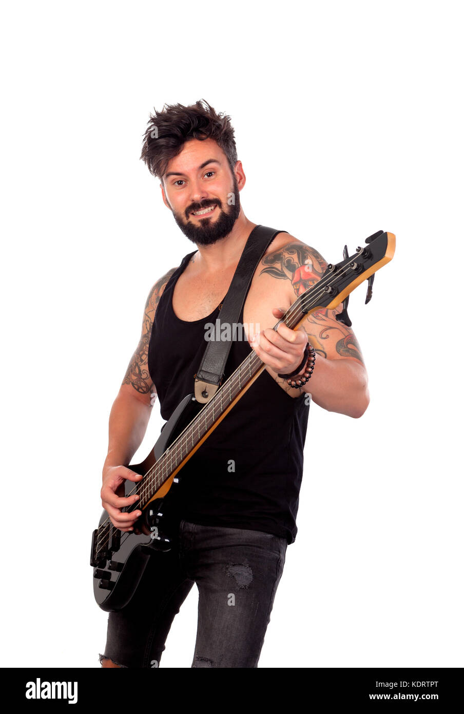 Attractive guy in black playing electric bass isolated on a white ...