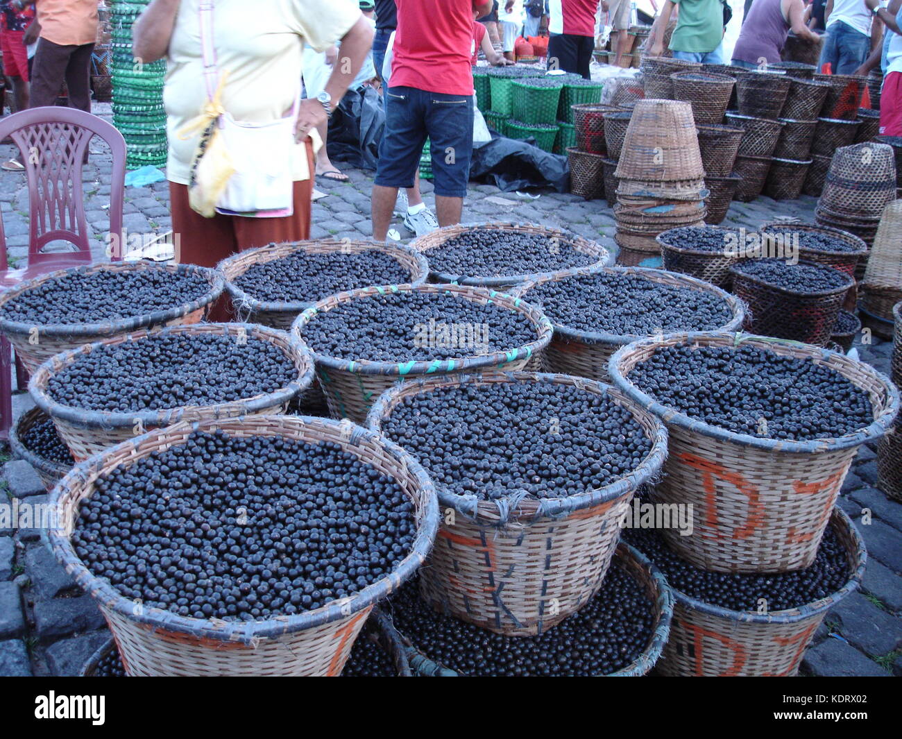Several baskets of acai berry fruit ready to be sold at acai market in ...