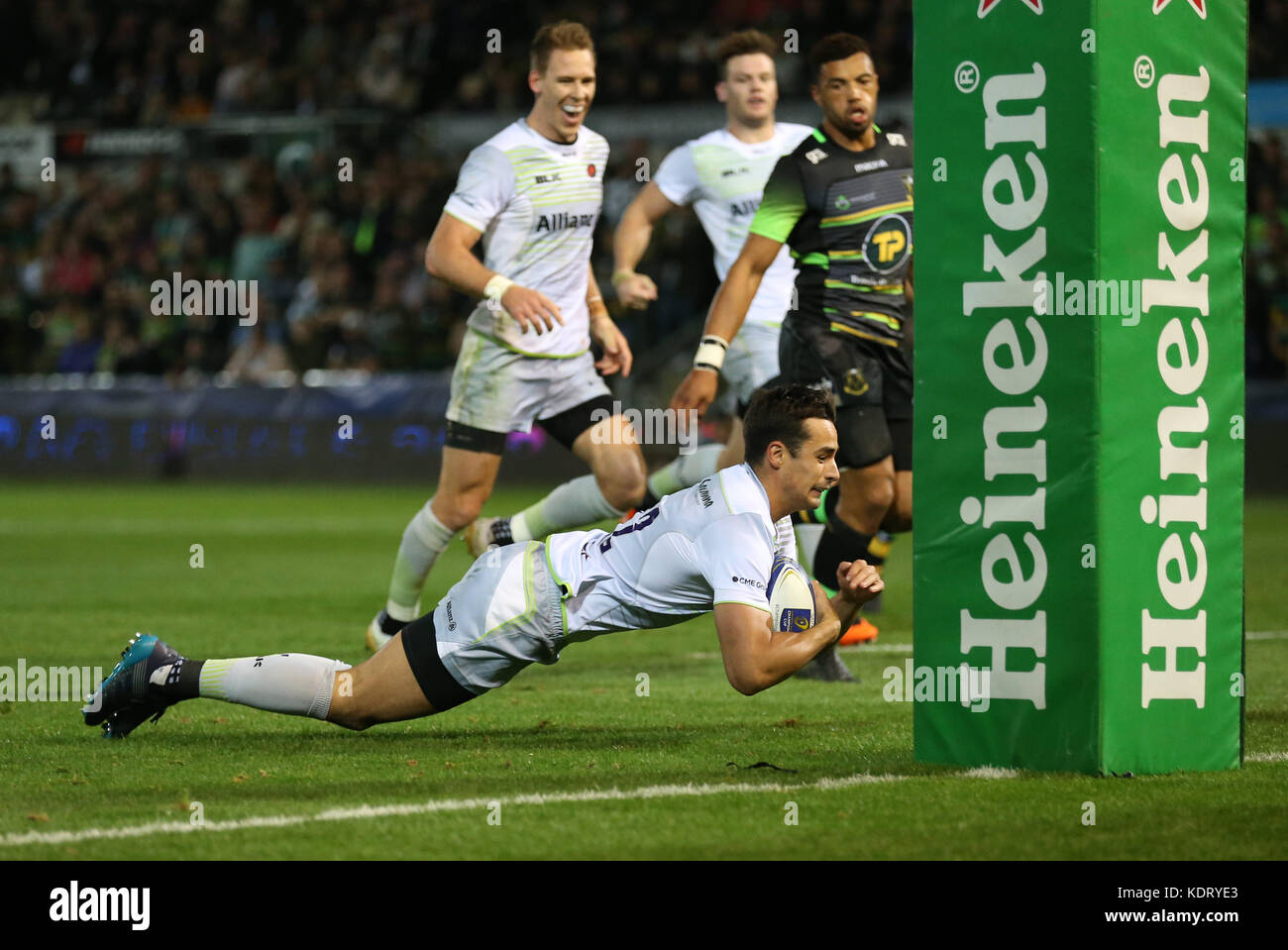 Saracens Alex Lozowski scores a try under the posts during the ...