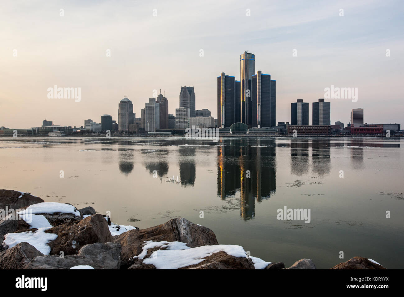 Landscape view of the Detroit River in February 2017 on a mild winter ...