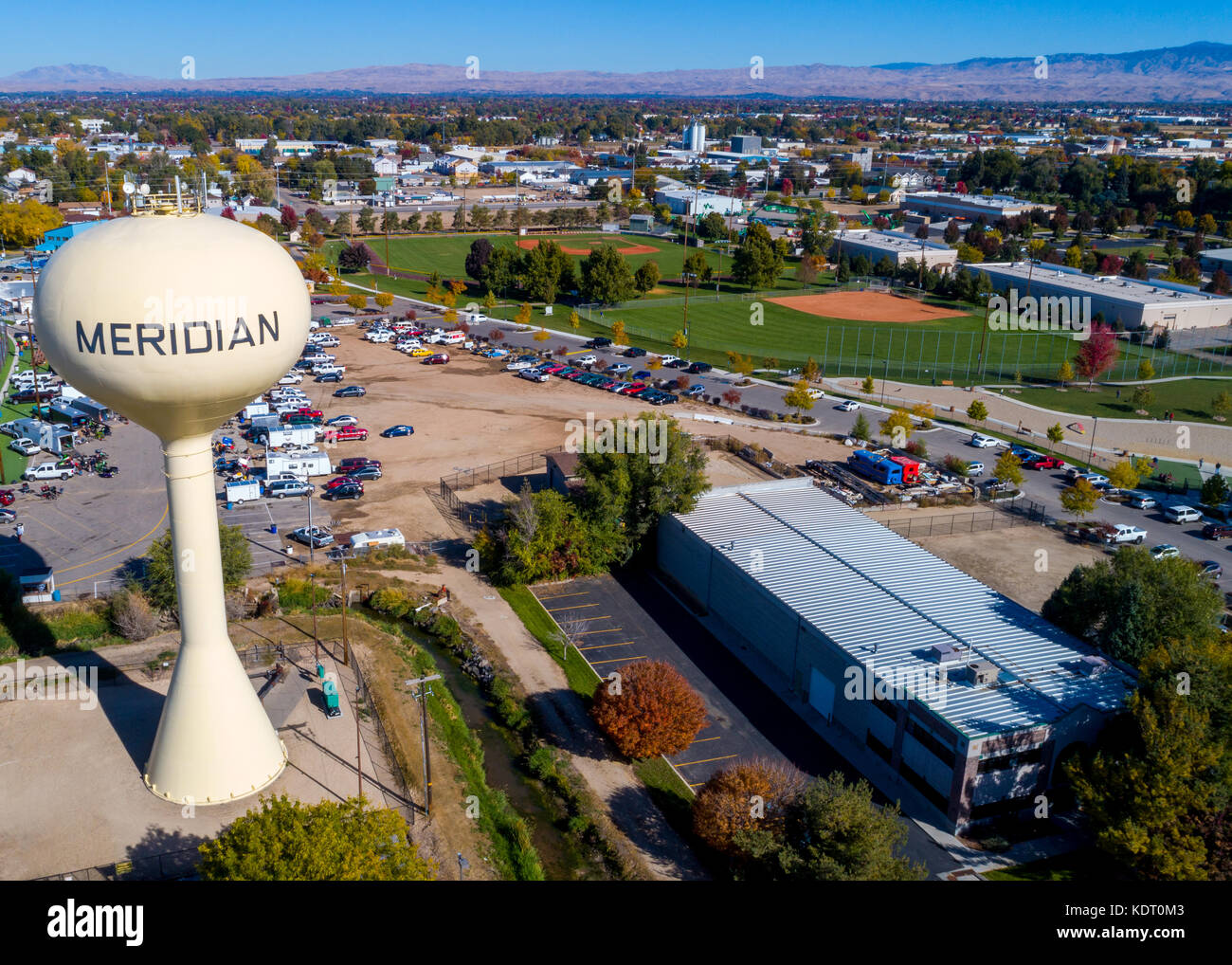 Aerial view of Meridian water tower with baseball field in the ...