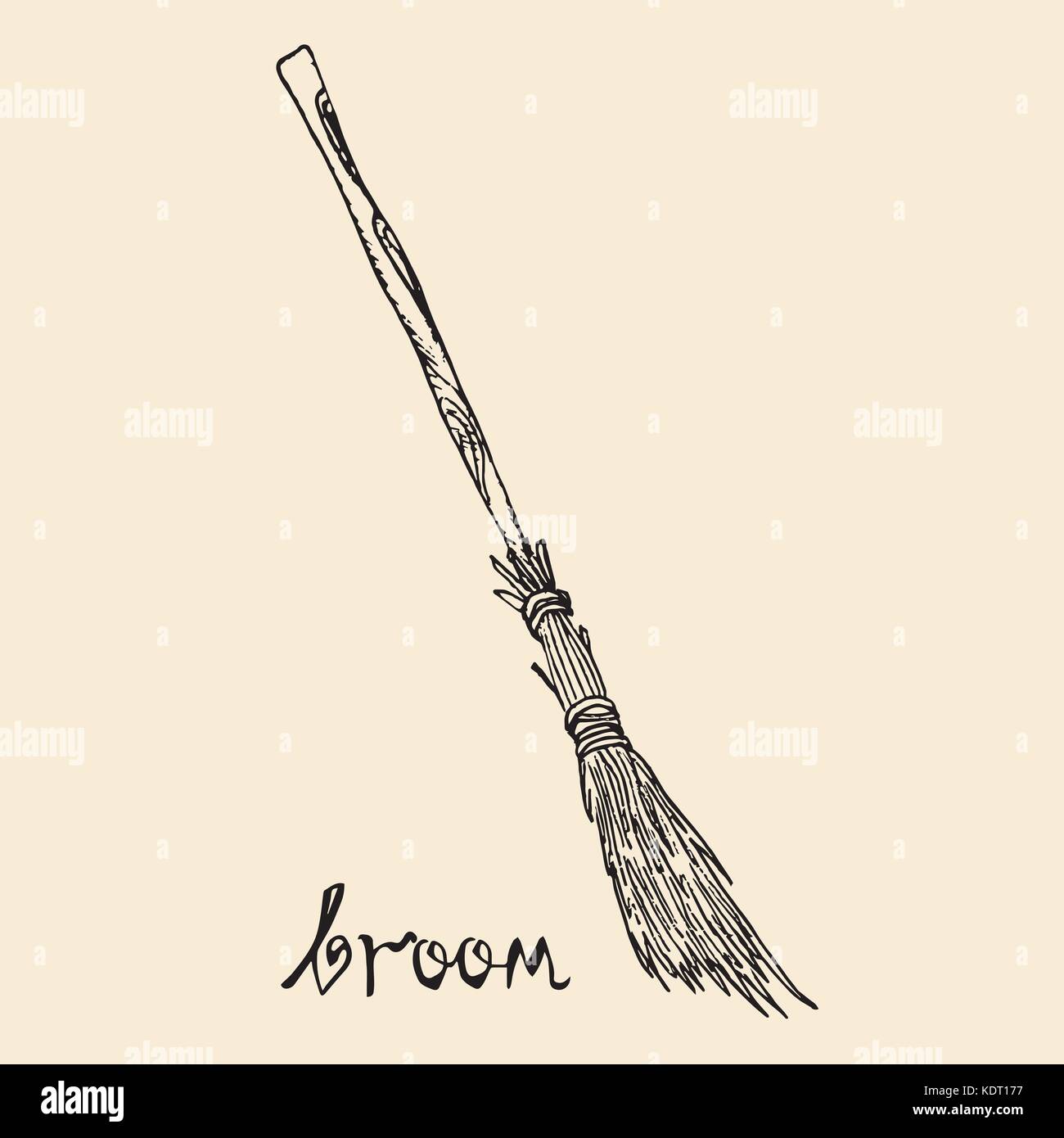 Broom with inscription, woodcut style design, hand drawn doodle, sketch ...