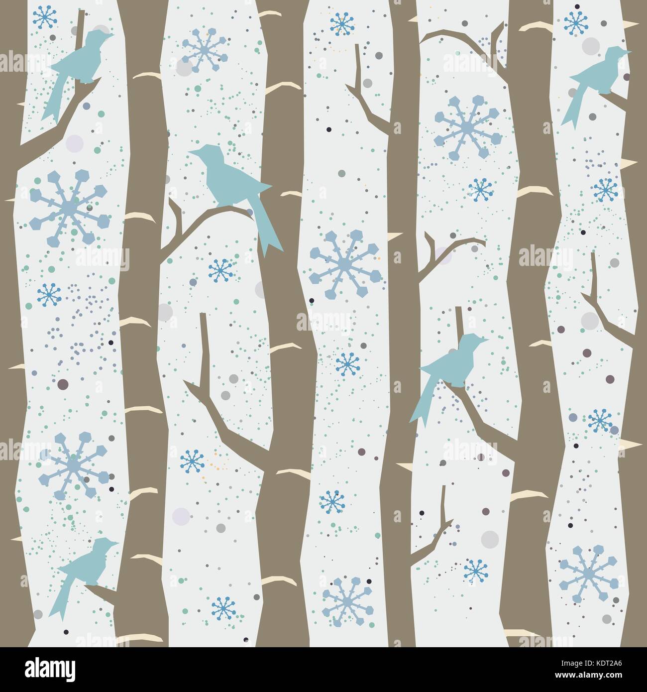 Seamless Tree Pattern with big birds and snowflakes. Winter Design ...