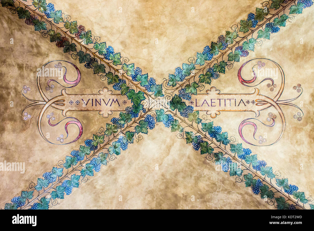 The inscription Vinum Laetitia (Wine is Happiness), one of the seven ...