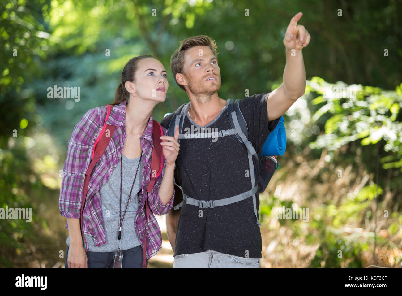 Couple walking in countryside pointing nervously upwards Stock Photo ...