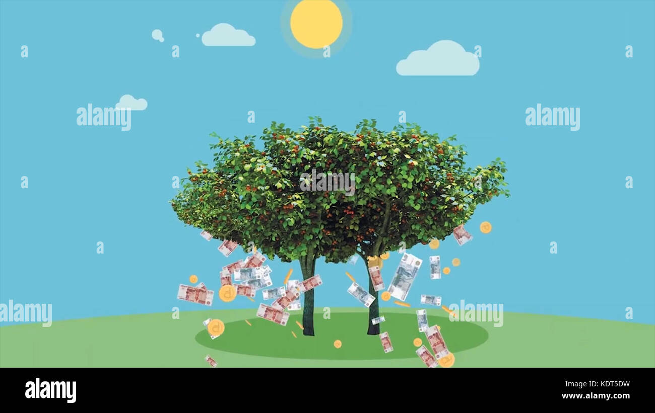 Four season tree and waiting money animation. A lot of money from tree ...