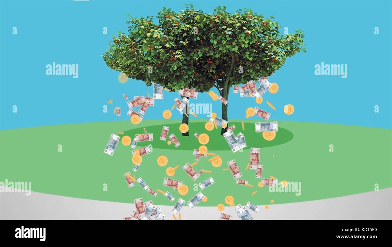 Four season tree and waiting money animation. A lot of money from tree ...