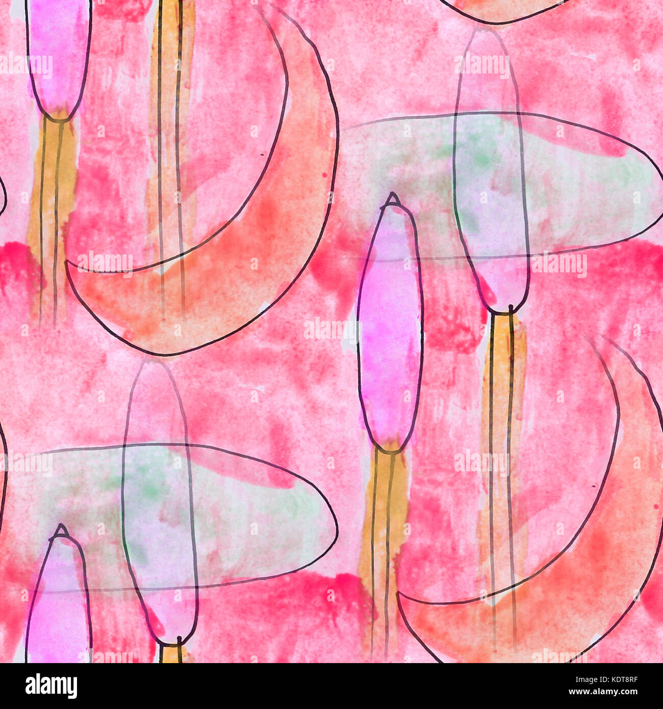 modern reeds, moon, pink seamless watercolor artist wallpaper te Stock ...