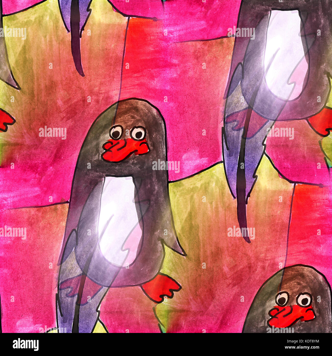 seamless light penguin, black, red watercolor artist wallpaper m Stock ...