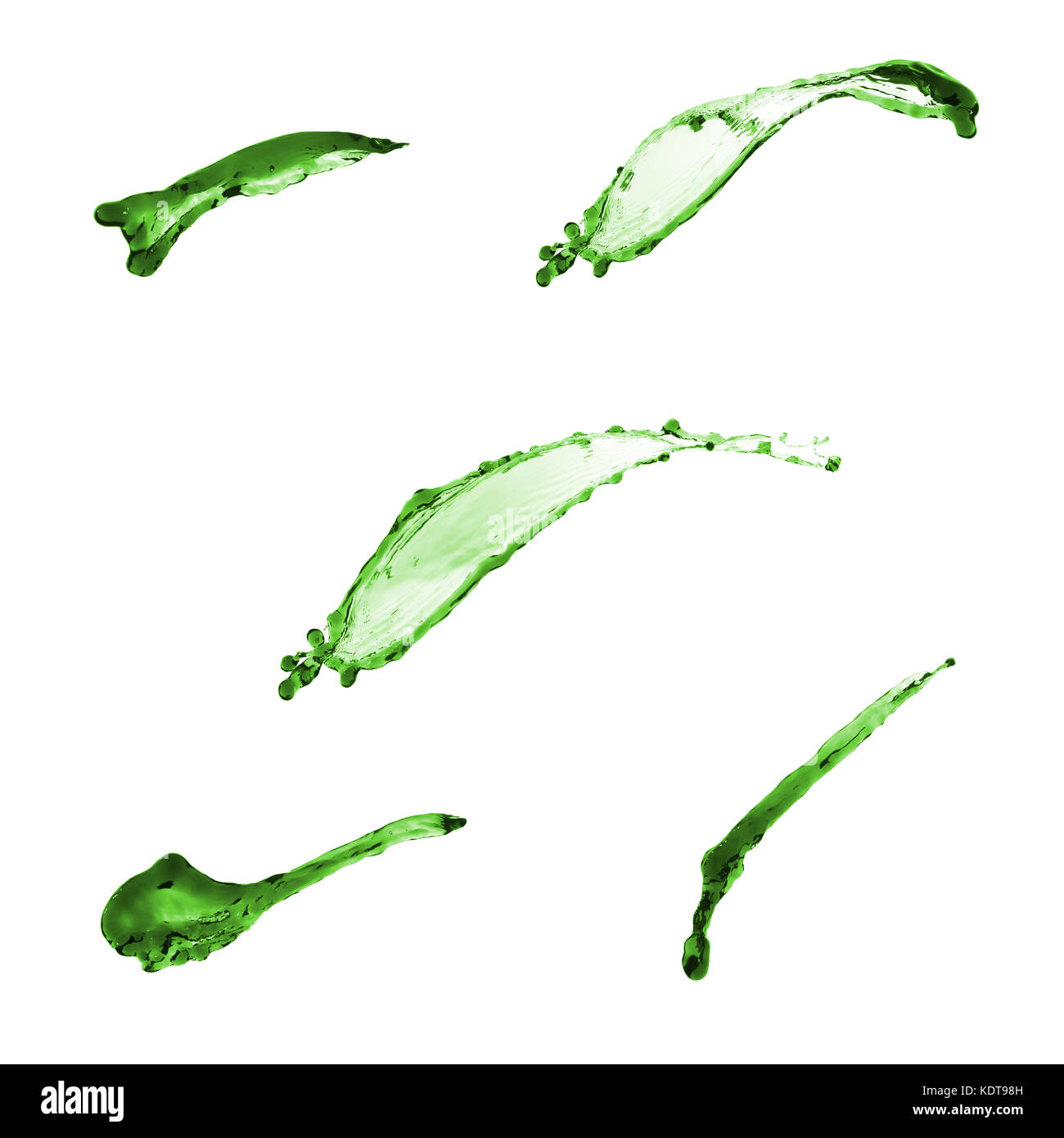Splendid collection of flying liquid splashes green color on white ...