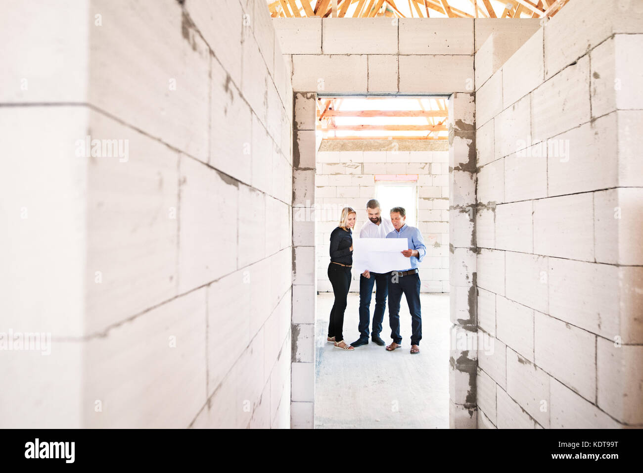 Architects and civil engineer looking at plans and blueprints ...