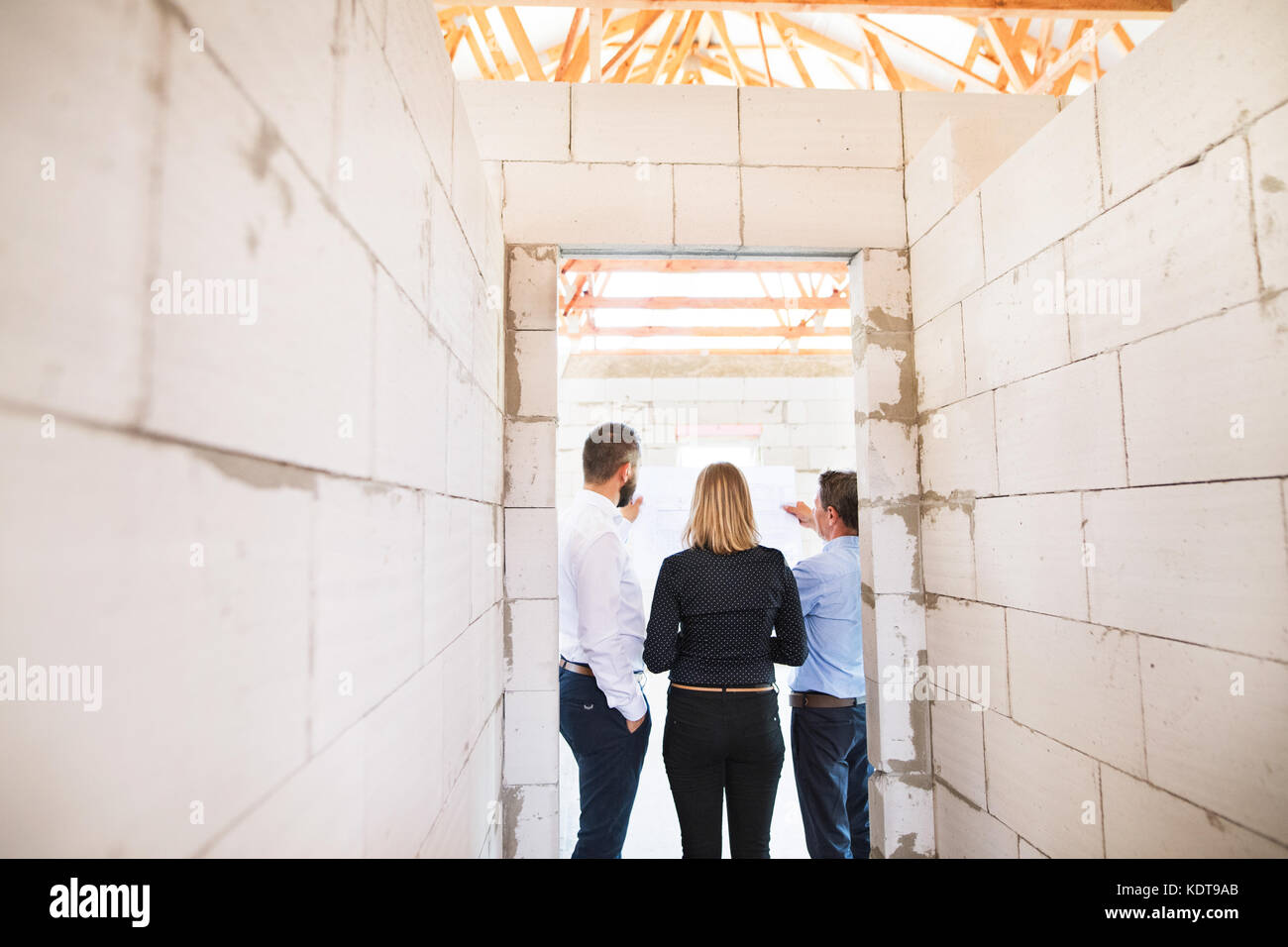 Architects and civil engineer looking at plans and blueprints ...