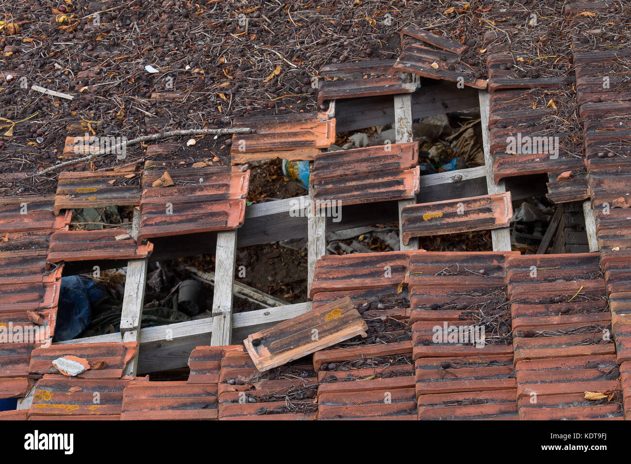 roof seriously damaged: hole in the structure made of terracotta tiles ...