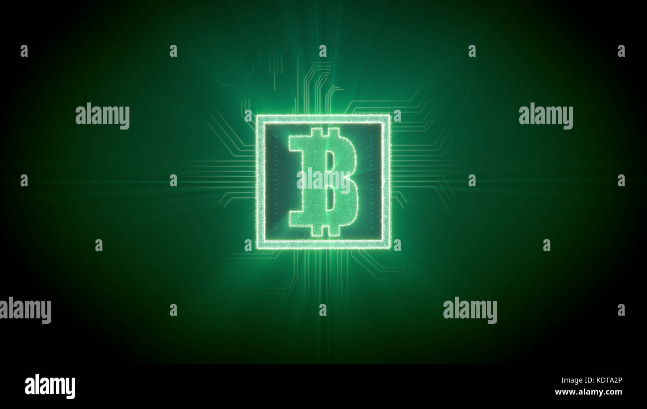 Imperial 3d illustration of a bitcoin shaped CPU in a bright square ...