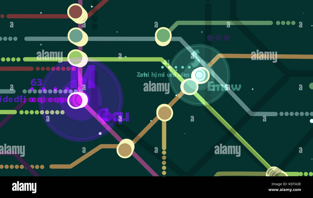 Multilayered 3d illustration of a metro map. It has two big violet and ...