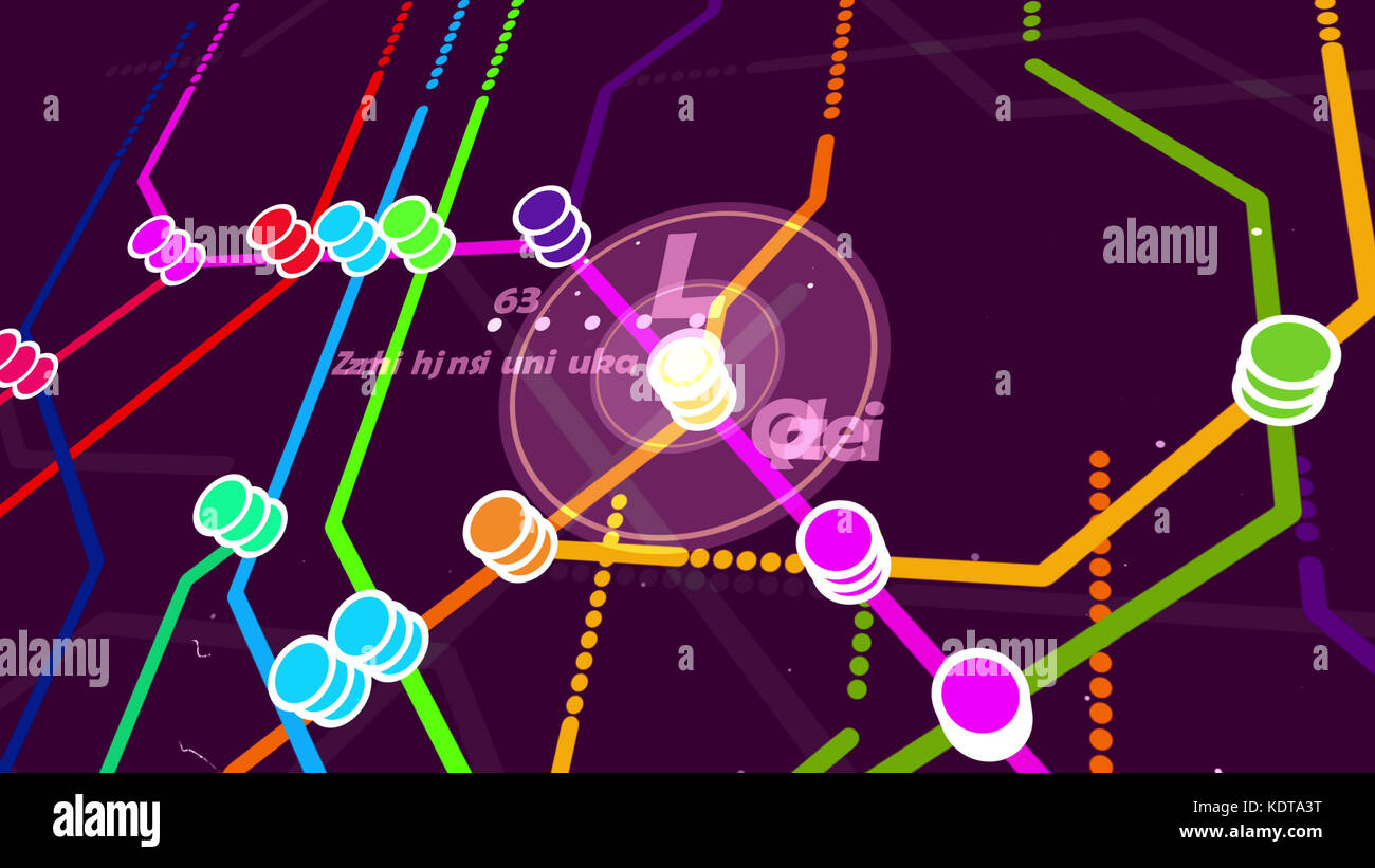Holographic 3d rendering of a metro map. It includes a big center with ...