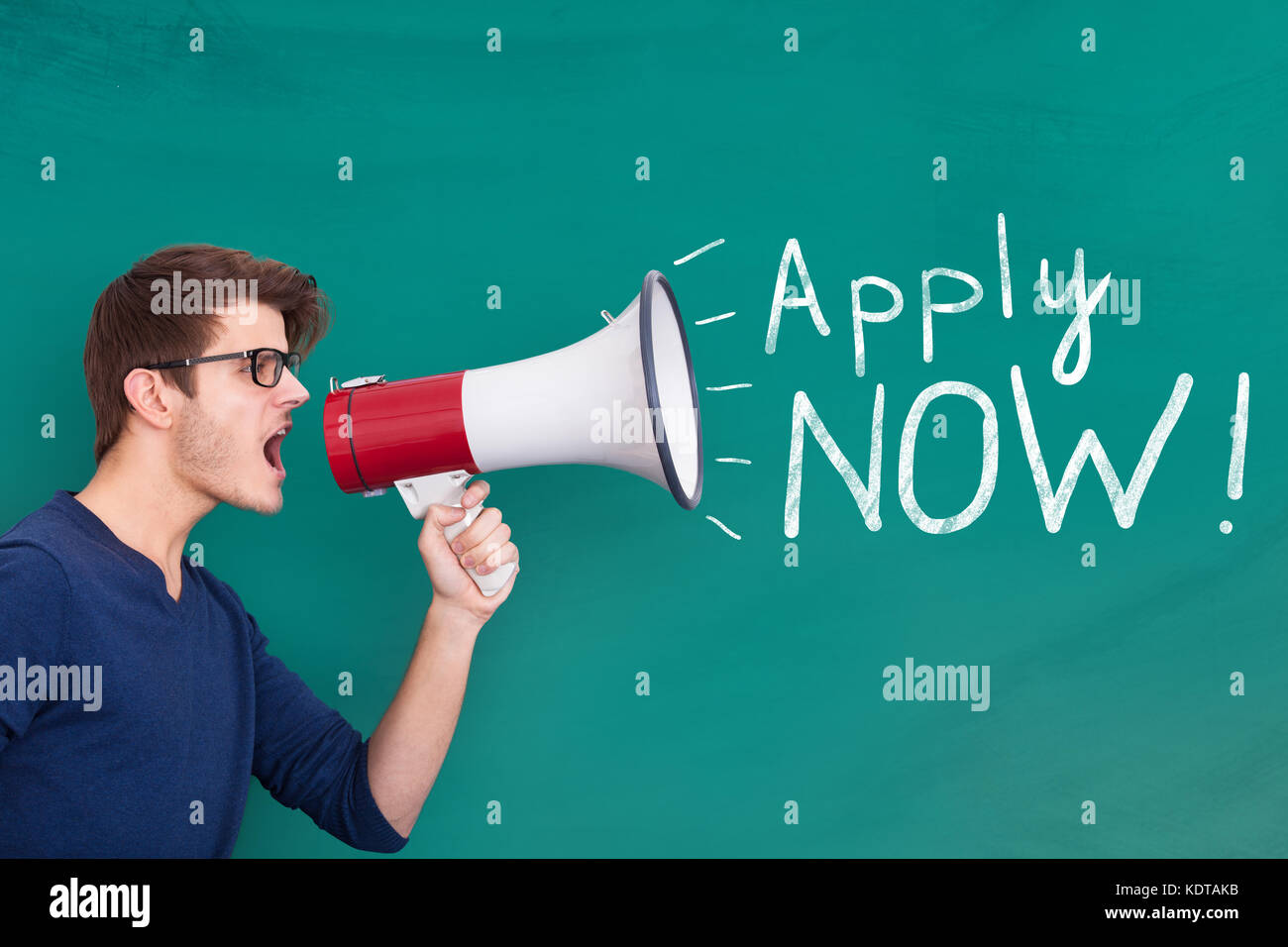 Man Shouting In Megaphone Apply Now Recruit Advertising Announcement On ...