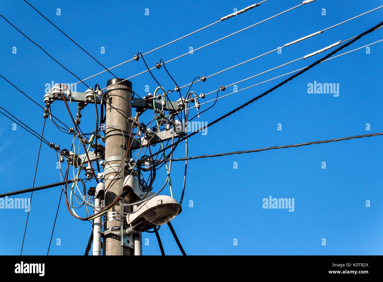 Utility pole or power pole. Column with electric disconnect power. Blue ...
