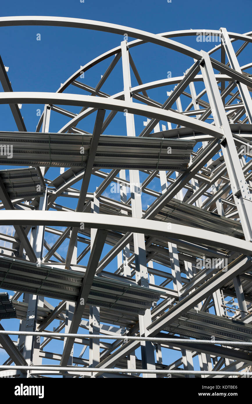 Silver painted structural steelwork and structural decking viewed ...