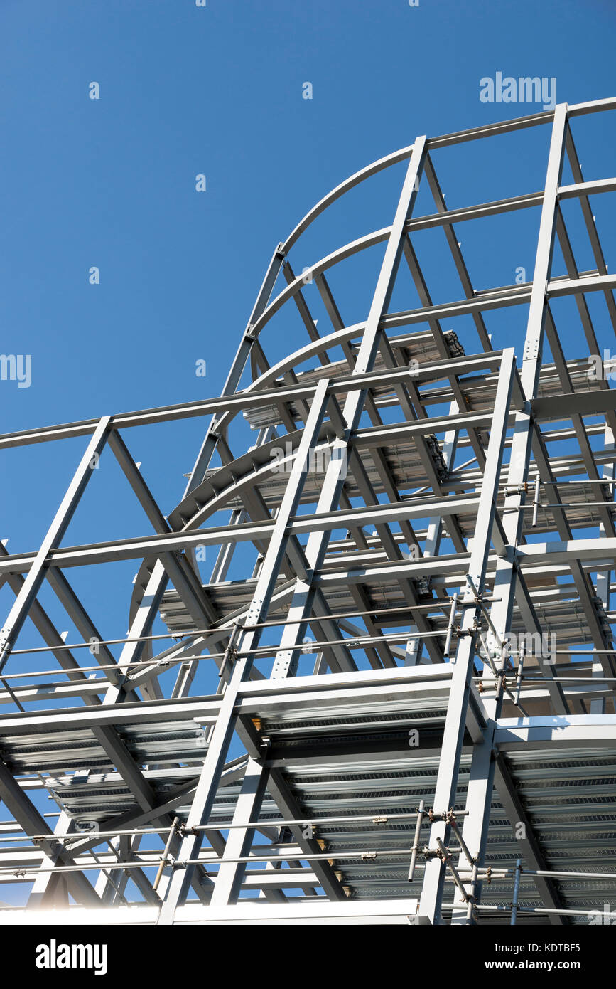 Silver painted structural steelwork and structural decking viewed ...