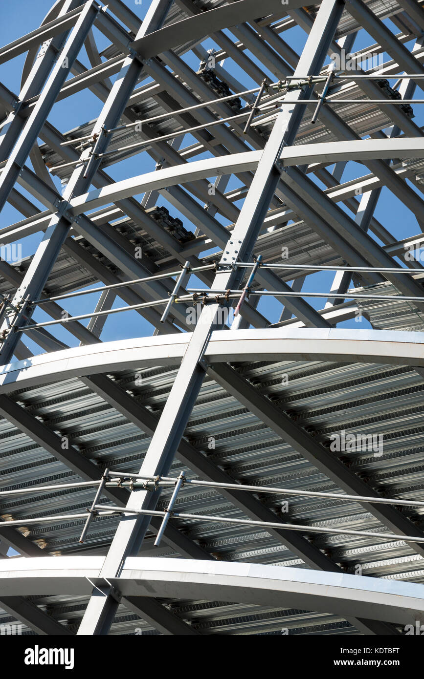 Silver painted structural steelwork and structural decking viewed ...