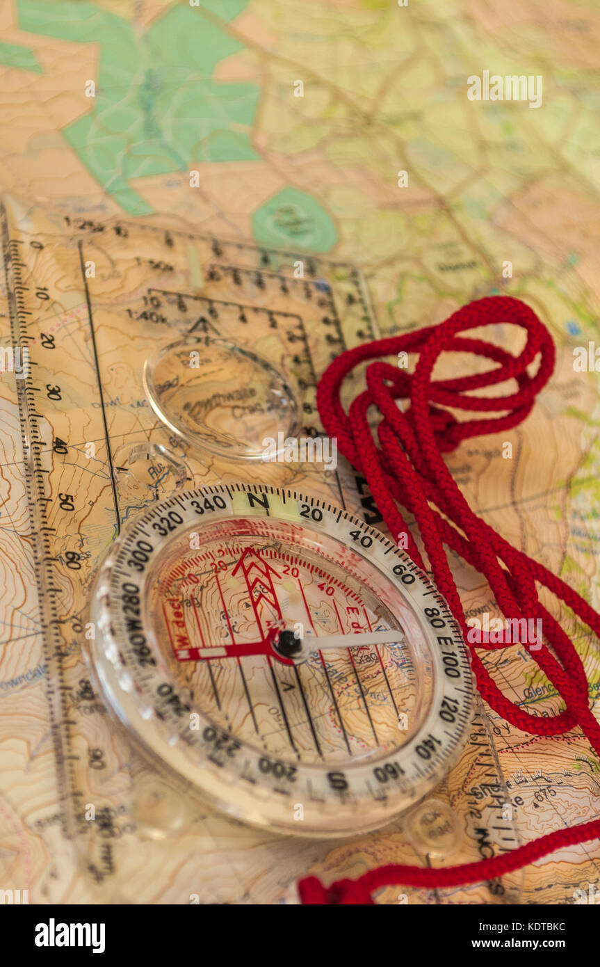 Compass on Map, The focus is on north of dial with shallow depth of ...