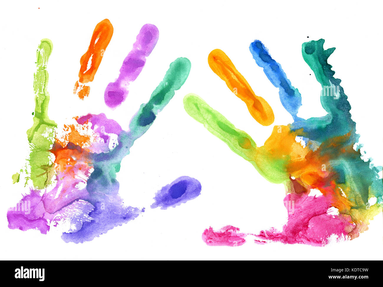 Multicolored hand prints on white background Stock Photo - Alamy