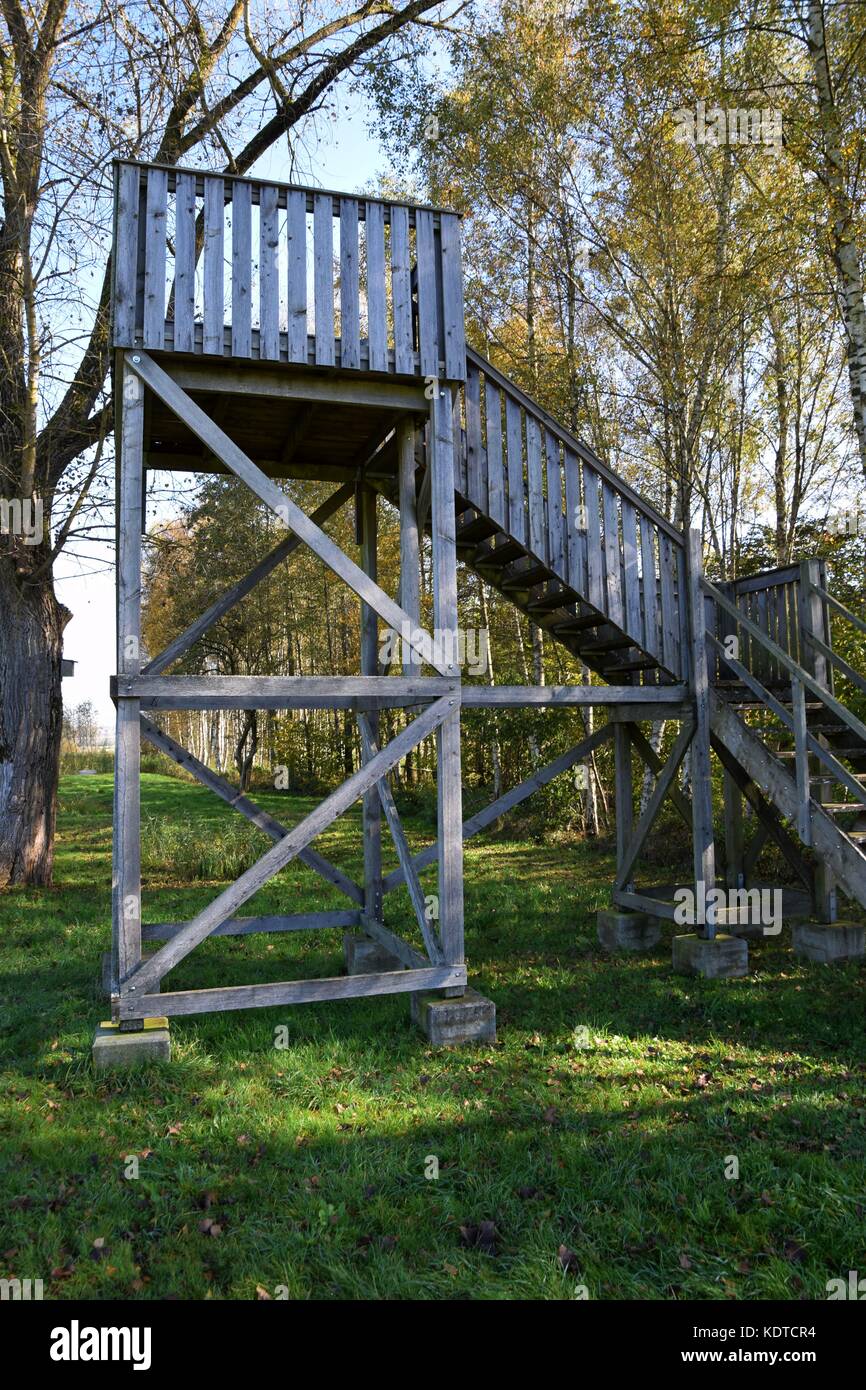 Grey and old wooden lookout Tower, rural Idyll in bavaria, colorful ...
