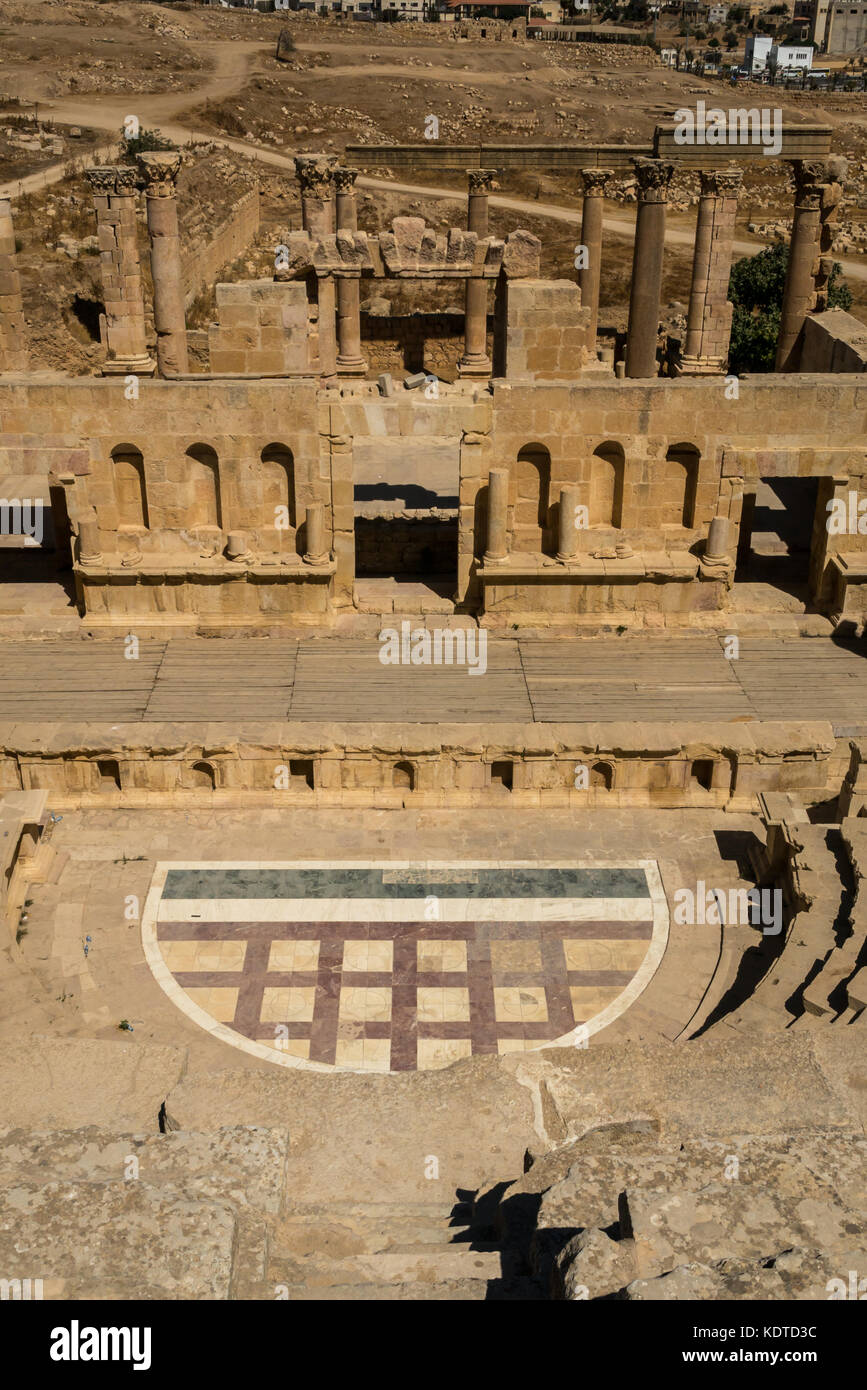 View from top of the North Theatre amphitheatre, Roman city of Jerash ...