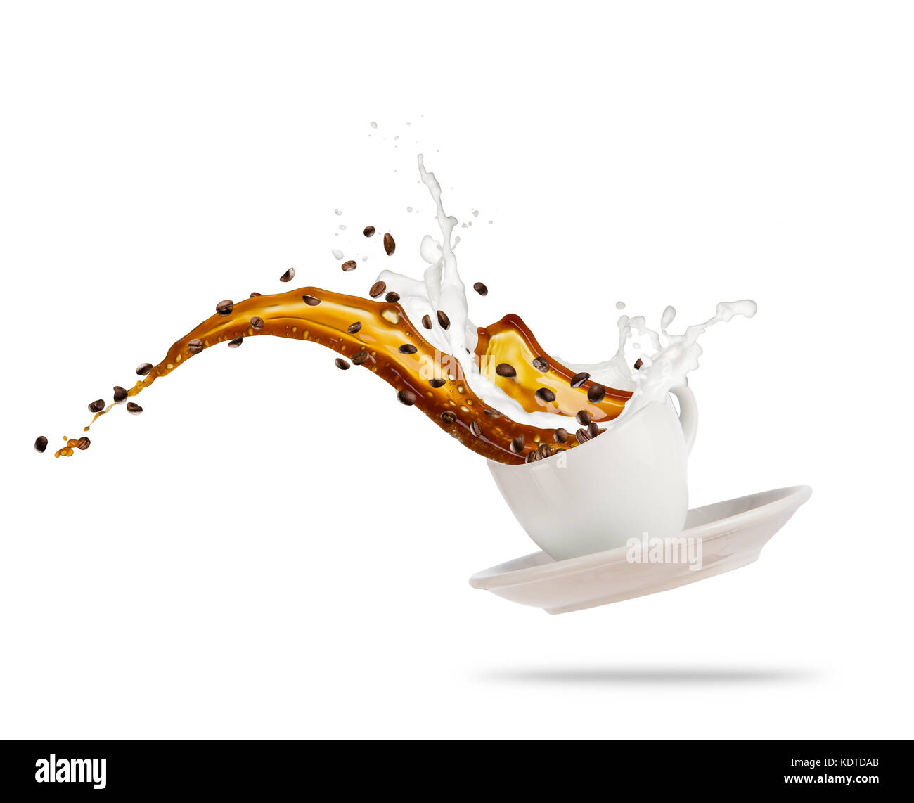 Splashing coffee drink with milk and flying beans, isolated on white ...