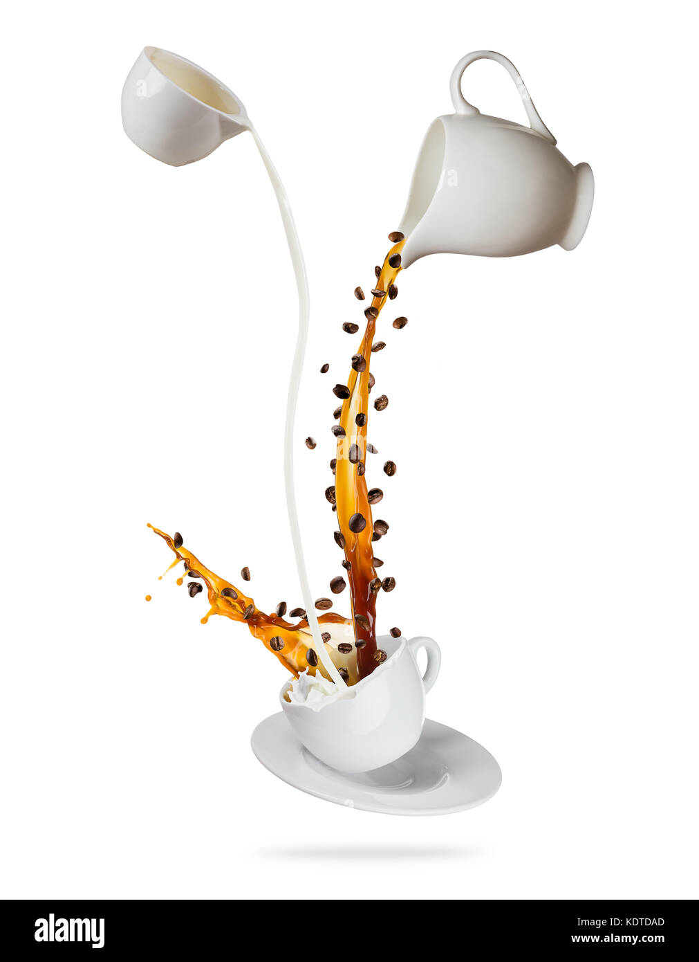 Splashing coffee drink with milk and flying beans, isolated on white ...