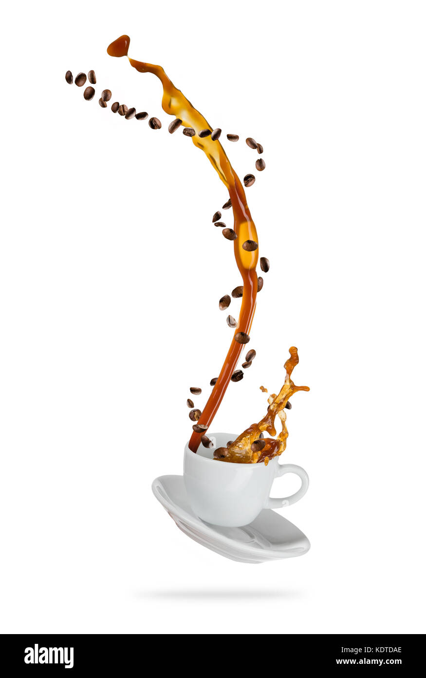 Splashing coffee drink from the cup with flying beans, isolated on ...