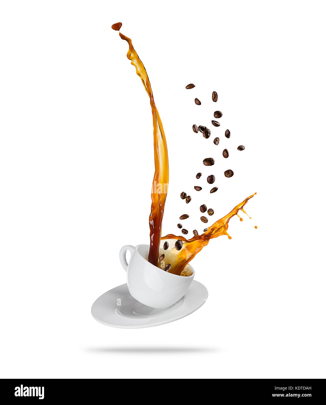 Splashing coffee drink from the cup with flying beans, isolated on ...