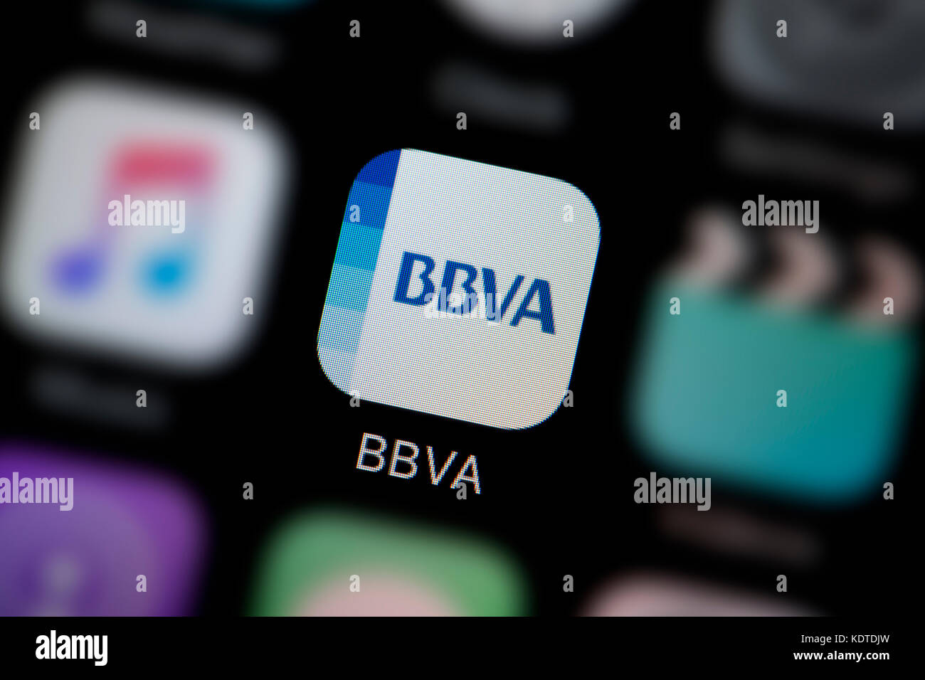A close-up shot of the logo representing the BBVA app icon, as seen on ...