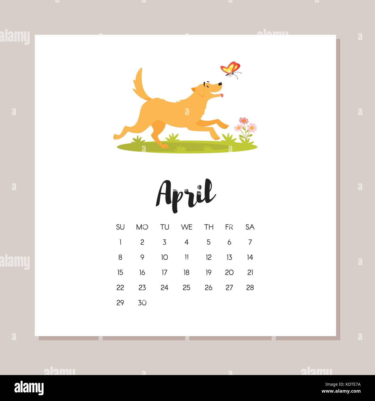 Vector cartoon style illustration of april dog 2018 year calendar ...