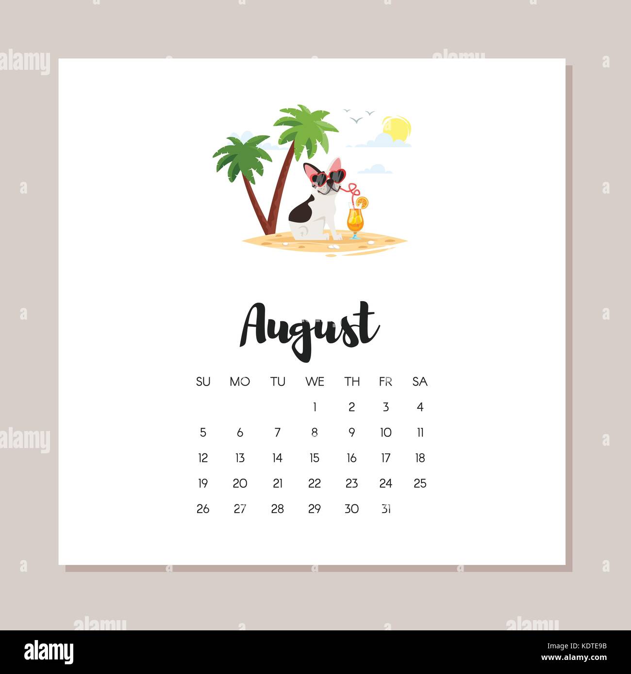 Vector cartoon style illustration of august dog 2018 year calendar ...