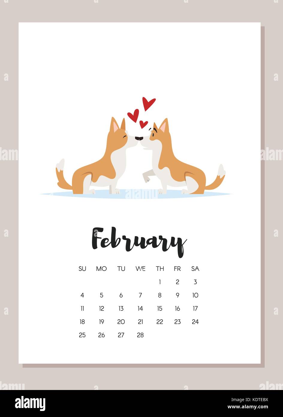 Vector cartoon style illustration of February corgi dog 2018 year ...
