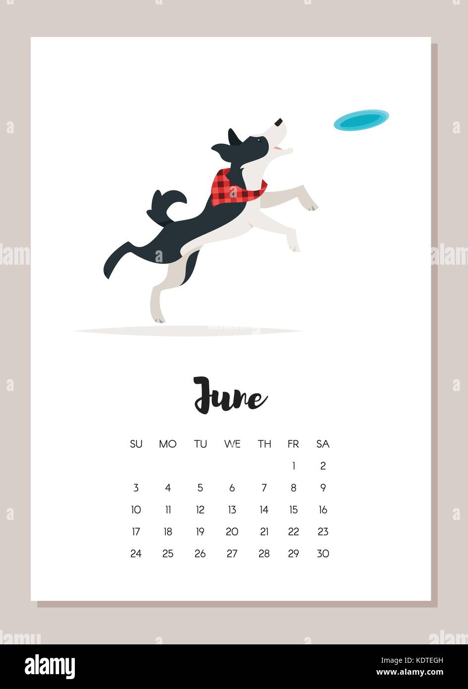 Vector cartoon style illustration of June dog 2018 year calendar page ...