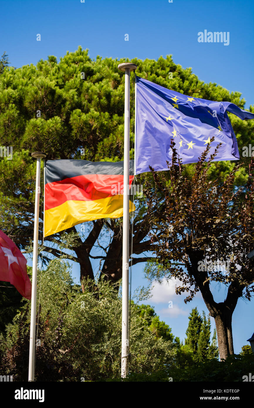 Flag of Germany or German Flag and blue Flag of the European Union ...