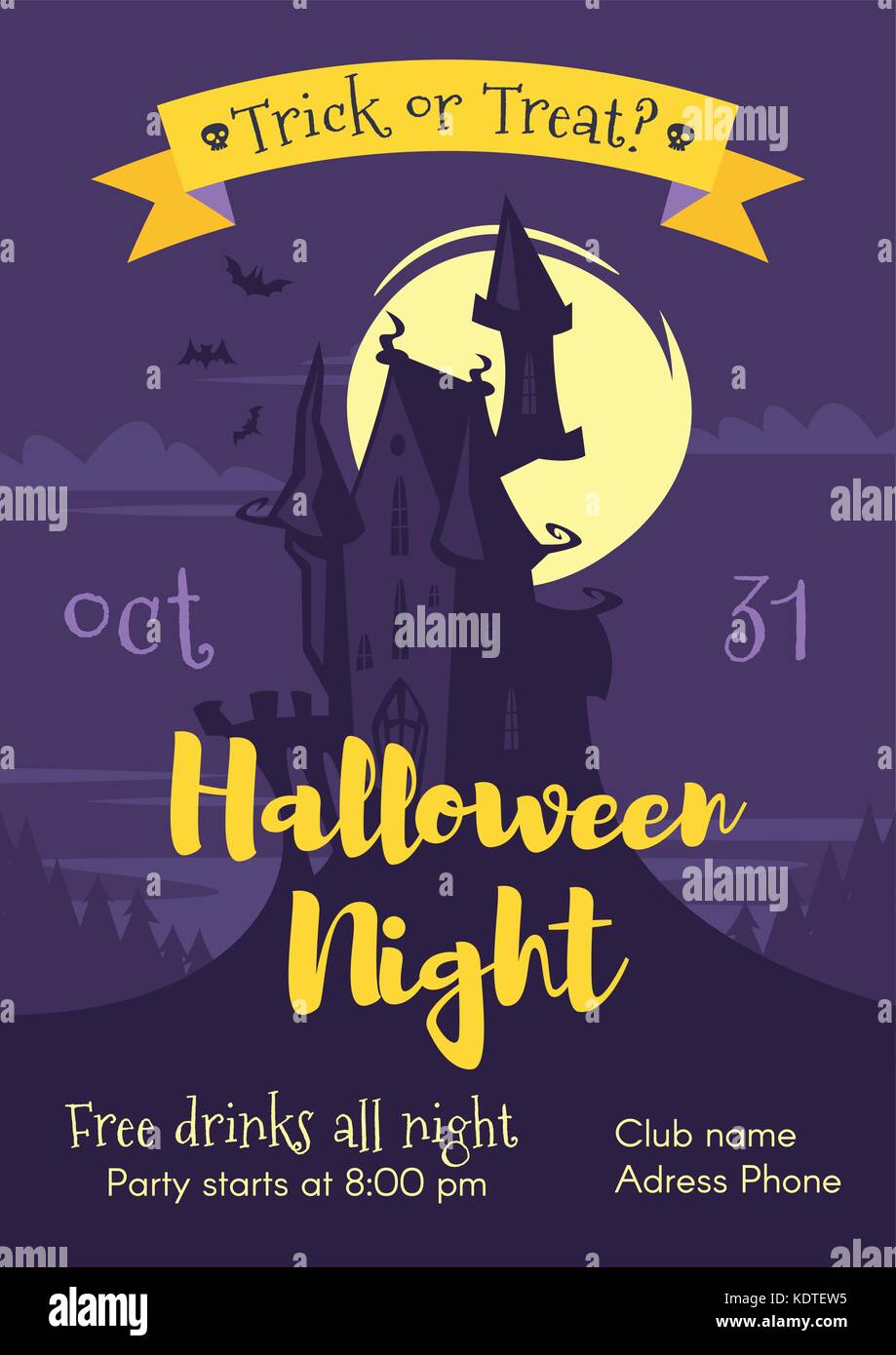 Vector cartoon style Halloween poster design template with holiday ...