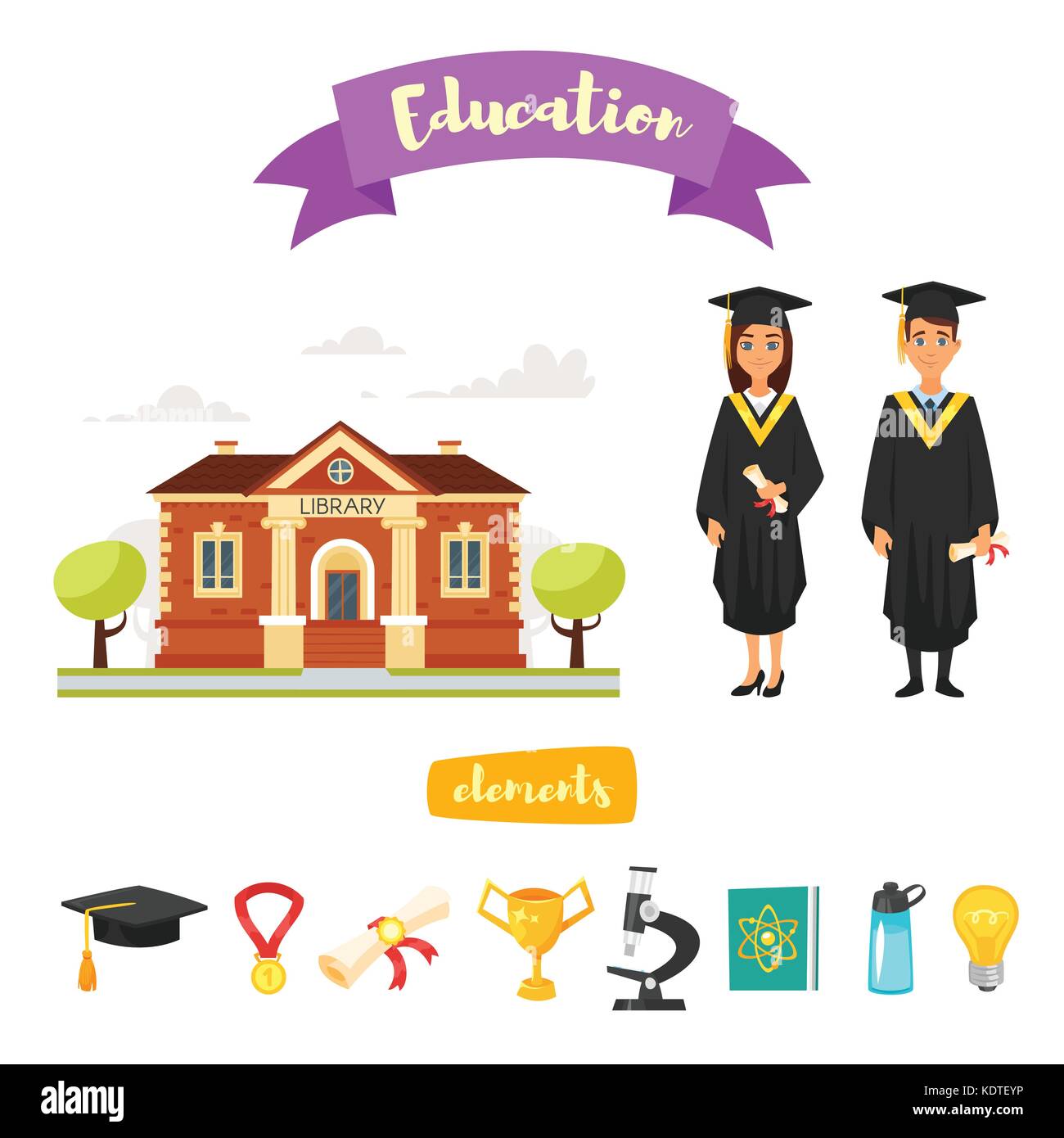 Vector cartoon style set of graduate icon, building and characters ...